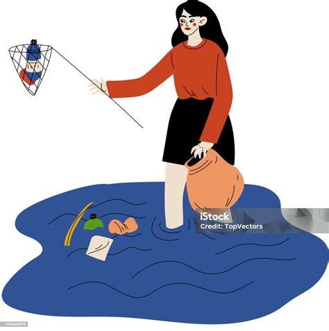 물 속에서 쓰레기와 플라스틱 쓰레기를 모으는 소녀 강이나 연못에서 쓰레기를 줍는 여성 자원 봉사자 자원 봉사 생태 라이프 스타일