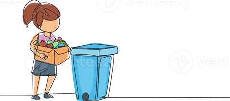 Single Continuous Line Drawing Girl Gathering Garbage And Plastic Waste