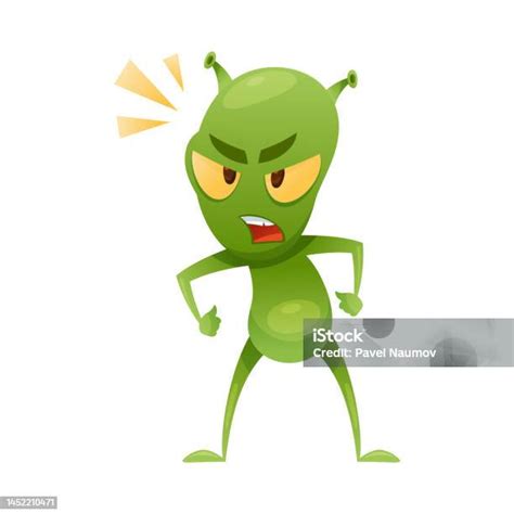 웃긴 녹색 외계인 캐릭터는 찡그린 얼굴로 서 있고 벡터 일러스트레이션을 외친다 감정에 대한 스톡 벡터 아트 및 기타 이미지