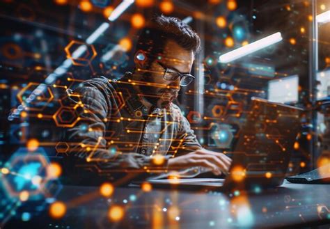 Photo Portrait Of A Software Developer Futuristic Coding With Glowing Data Visualizations