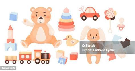 컬렉션 어린이 장난감 귀여운 테디베어와 토끼 오리와 피라미드 큐브 기차 시계태엽 자동차 딸랑이와 젖먹이 만화 스타일의 격리된 벡터 그림입니다 키즈 컬렉션 테디 베어에 대한