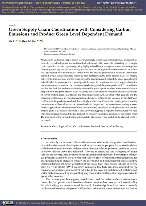 Pdf Green Supply Chain Coordination With Considering Carbon Emissions And Product Green Level