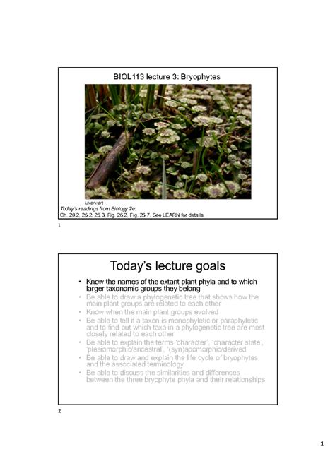 Biol113 3 Bryophytes Lecture Notes Biol113 Lecture 3 Bryophytes Liverwort Todays Readings