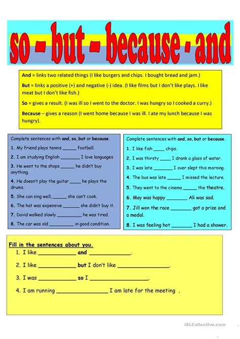 Conjunctions So But Because And Conjunctions Worksheet Linking