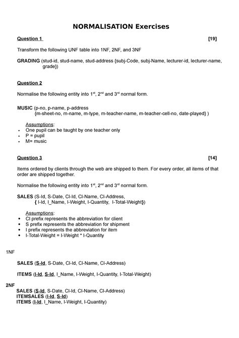 Normalisation Exercises Normalisation Exercises Question 1 [19] Transform The Following Unf