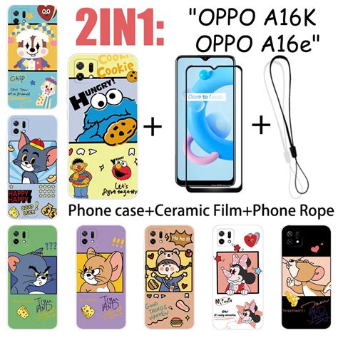 2 IN 1 OPPO A16K OPPO A16e Case With Tempered Glass Ceramic Film Screen Protector Cute Tom And