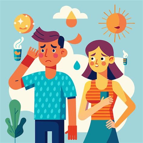 Hombre Y Mujer Sufren Un Golpe De Calor En El Caluroso Verano Vector