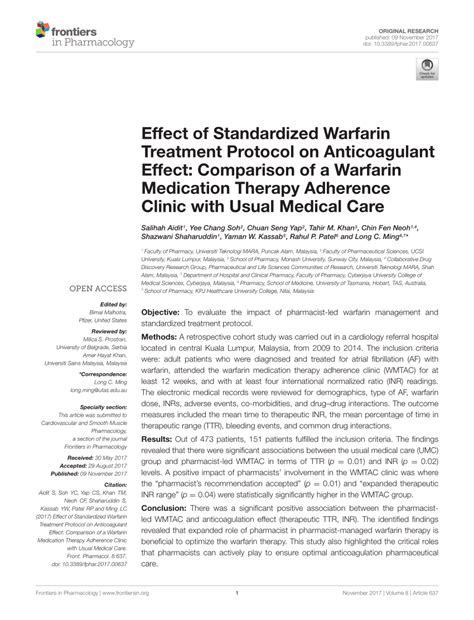 Pdf Effect Of Standardized Warfarin Treatment Protocol On