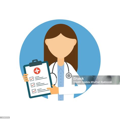 청진기 및 의료 검사를 가진 의사 여자 플랫 스타일의 메딕 아이콘입니다 의사 아바타 건강 관리 서비스 개념 온라인 의사 진단 배너 건강 검진 벡터 일러스트레이션 약사에 대한
