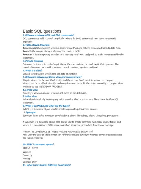 Basic Sql And Plsql Questions Pdf Plsql Relational Database