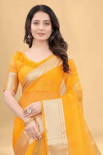 Party Wear Yellow Pure Organza Saree 90 Cm 6 3 M With Blouse Piece