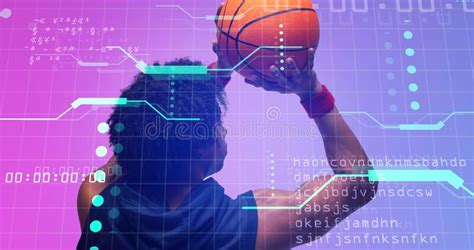 Rear View Of Biracial Male Player Taking Shot With Basketball On Grid