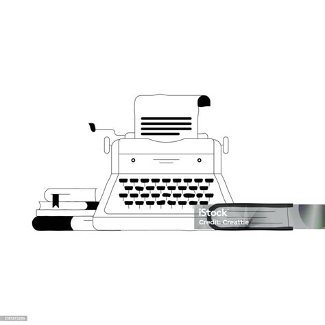 책과 문서를 가진 포도 수확 타자기는 작문 문학 그리고 독창성을 상징하는 평면 벡터 일러스트 레이 션 흰색 배경에 고립되어