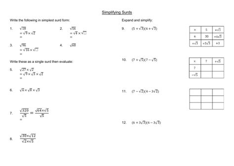 Myp5s 1 2 4 2 Simplifying Surds Worksheet Na Pdf