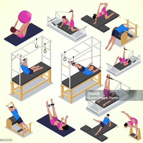 필라테스 아이소메트릭 세트는 격리된 아이콘으로 체조 기구 다양한 스트레칭 운동을 수행하는 인간 캐릭터 벡터 일러스트레이션 필라테스에 대한 스톡 벡터 아트 및 기타 이미지