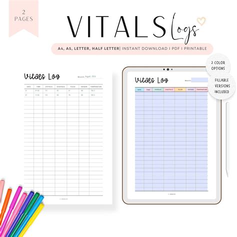 Printable Vitals Log Template Fillable Blood Pressure Log Vital Sign