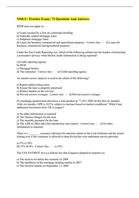 Nmls Practice Exam 72 Questions And Answers Nmls Stuvia Us