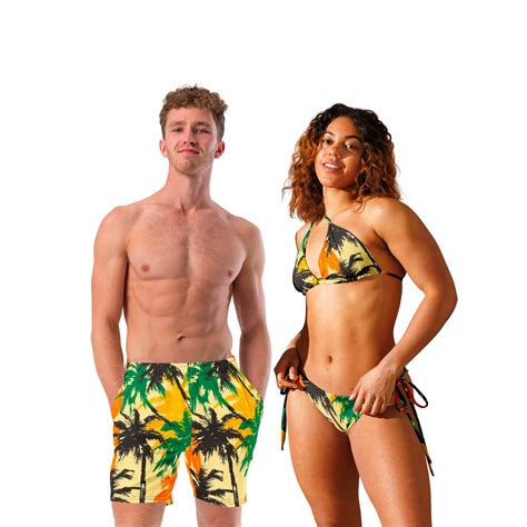 Couples Matching Swimsuits Green Yellow Tropical Palm Trees Print Mix