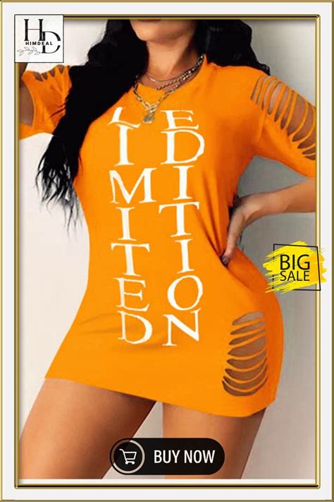 Orange Fashion Casual Letter Print Ripped O Neck Short Sleeve Dress In