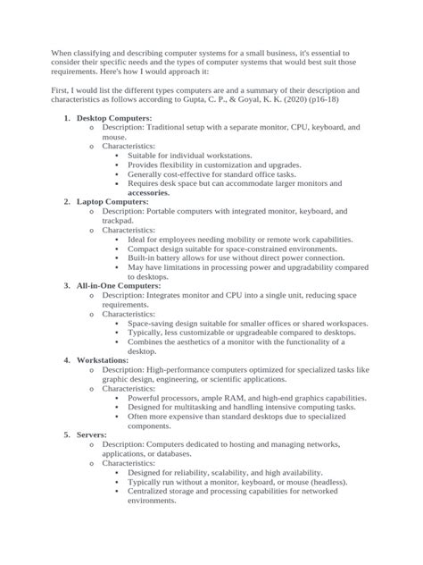 When Classifying And Describing Computer Systems For A Small Business