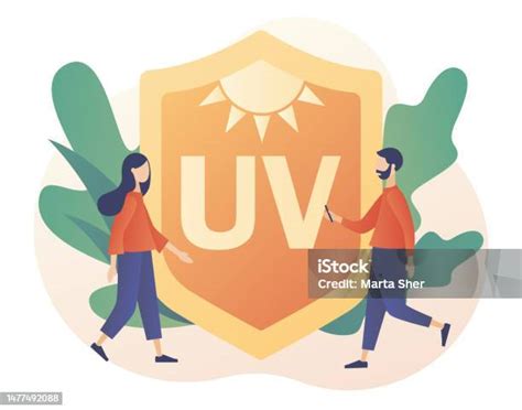 Spf 방패를 가진 작은 사람들 자외선 차단 개념 현대 평면 만화 스타일입니다 흰색 배경에 벡터 그림 태닝 베드에 대한 스톡 벡터 아트 및 기타 이미지 Istock