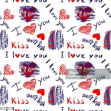 손으로 그린 글자 핑크 브러시 획과 흰색 바탕에 빨간색 하트의 완벽 한 패턴입니다 벡터 일러스트입니다 감정에 대한 스톡 벡터 아트 및 기타 이미지 Istock