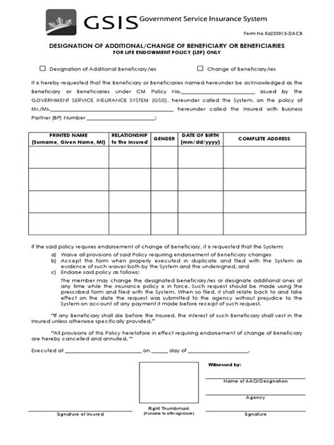 Gsis Forms Cm Additional Beneficiaries Pdf Pdf Common Law