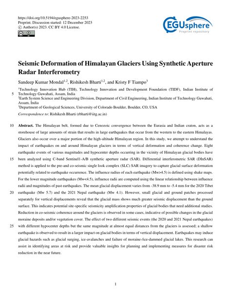 Pdf Seismic Deformation Of Himalayan Glaciers Using Synthetic Aperture Radar Interferometry