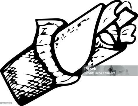 랩 아이콘 흰색 배경에 흑백 격리 된 요소 길거리 음식 컬렉션 포장 된 롤의 개요 일러스트레이션 손으로 그린 스케치 후에 만들어진 벡터 이미지입니다 롤 샌드위치에 대한 스톡