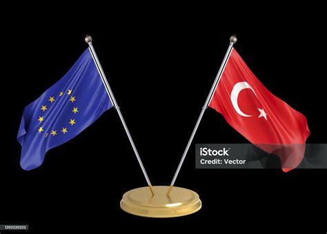 황금 받침대에 유럽 연합 과 터키의 국기 검은 색 배경에 격리 협상 및 국제 협정 서명 개념적 3d 그림 개념에 대한 스톡 사진 및 기타 이미지 Istock