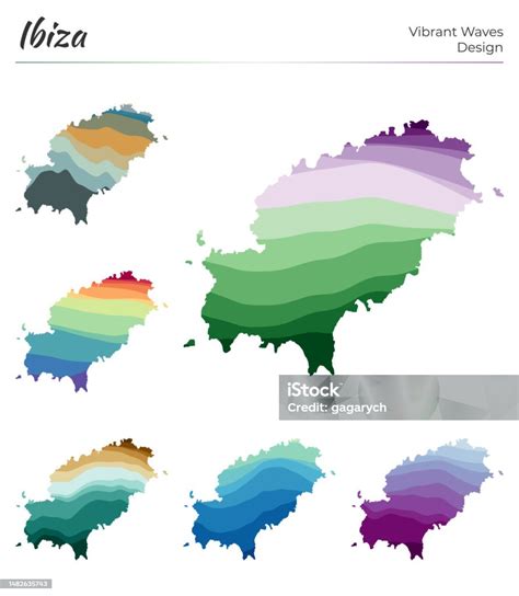 이비자의 벡터지도 세트입니다 생동감 넘치는 파도 디자인 기하학적인 부드러운 곡선 스타일의 섬의 밝은 지도 당신의 디자인을 위한