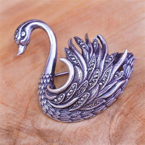 Vintage Handmade Sterling 925 Silver Swan Bird Brooch With Marcasite