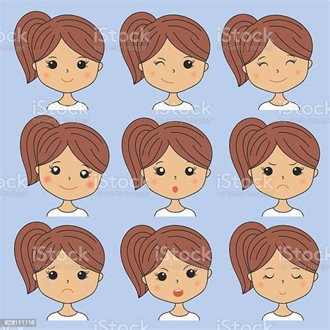 다양한 표정을 보여주는 아름다운 여자 행복 슬픈 화가 울음 감정에 대한 스톡 벡터 아트 및 기타 이미지 감정 개성 개념 격노한 Istock