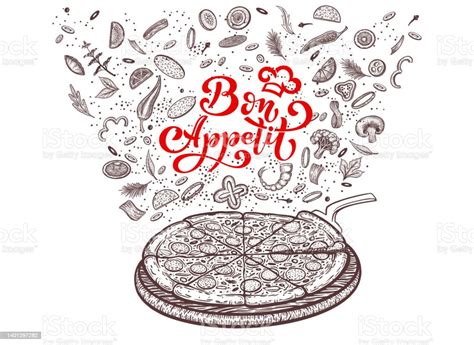 피자와 재료 손으로 그린 피자 가게 메뉴 템플릿 이탈리아 요리 제품 세트 피자 조각 벡터 일러스트 레이 션 그리기에 대한 스톡