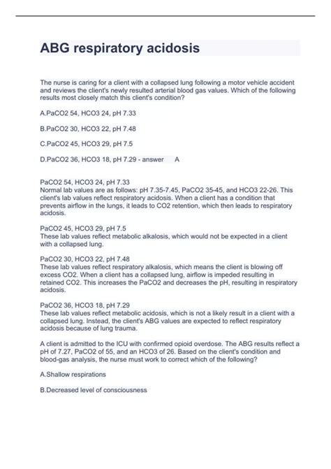 Abg Respiratory Acidosis Questions And Answers 2023 Abg Stuvia Uk