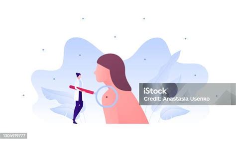 피부과 및 피부 건강 관리 개념 벡터 플랫 모던 일러스트레이션 피부과 의사 여성 캐릭터는 여성 환자 몸에 돋보기 유리를 보유하고 있습니다 두더지 암 알레르기 분석 기호 피부