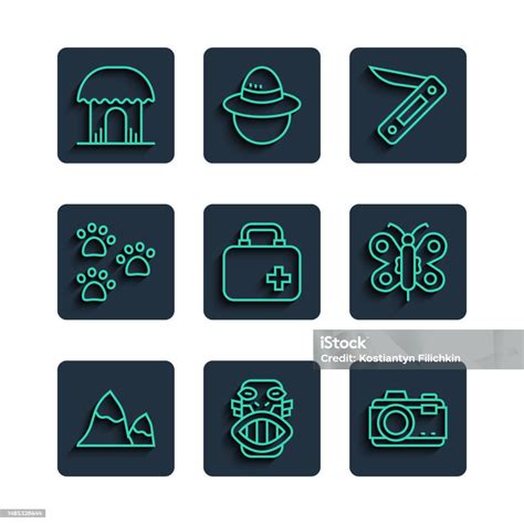 세트 라인 산 멕시코 마야 또는 아즈텍 마스크 사진 카메라 스위스 군용 칼 구급 상자 발자국 아프리카 오두막 및 나비 아이콘 벡터 개에 대한 스톡 벡터 아트 및 기타 이미지