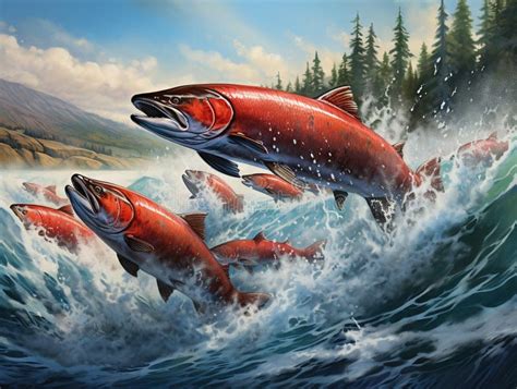 Ai Generated Illustration Wildlife Concept Of Sockeye Salmon Jumping