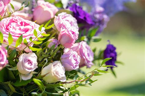 축제 테이블의 신선한 꽃 장식의 꽃다발 야외 파티를 축하합니다 장식 세부 정보 결혼 의식에 대한 스톡 사진 및 기타 이미지 결혼 의식 결혼식 공휴일 Istock