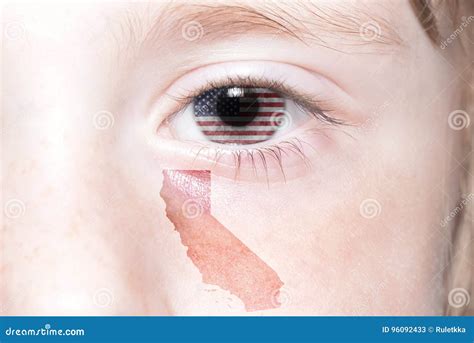 Human S Face With National Flag Of United States Of America And California State Map Stock Image