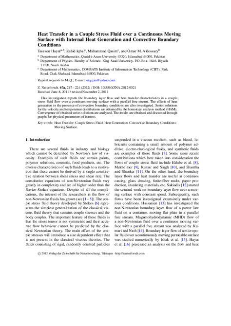 Pdf Heat Transfer In A Couple Stress Fluid Over A Continuous Moving Surface With Internal Heat