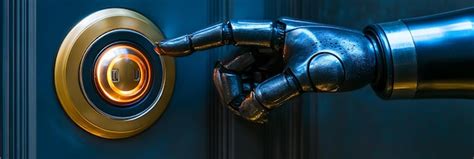 Robot Hand Pressing A Button In A Technological Setting Premium Ai