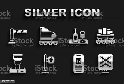 세트 카페 및 레스토랑 위치 화물 열차 마차 철도 횡단 전자 티켓 기차 지휘자 유리와인 병 철도 장벽 및 고속 아이콘 벡터 Brand Name Smart Phone에 대한