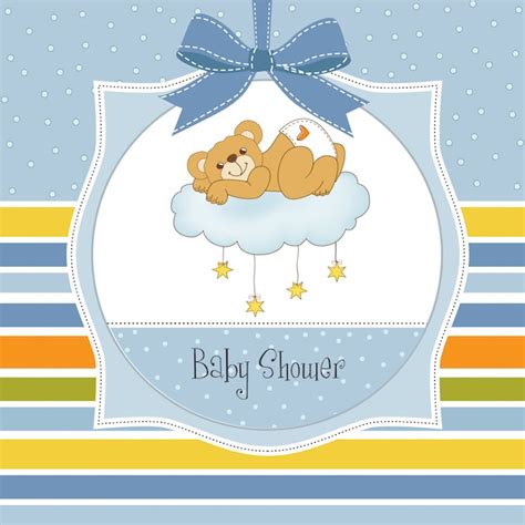 졸린 테 디 베어와 함께 베이비 샤워 카드 프리미엄 벡터