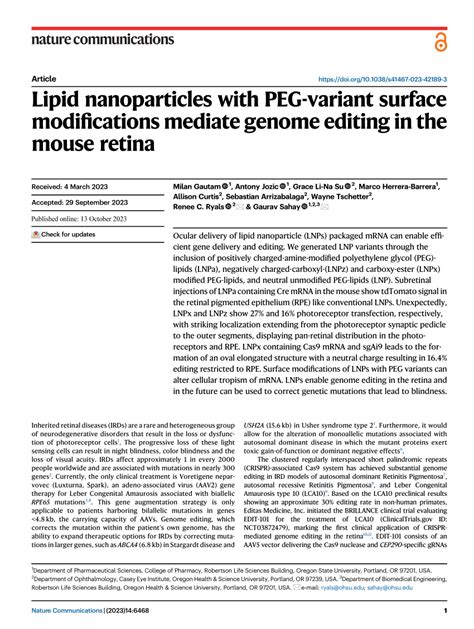 Pdf Lipid Nanoparticles With Peg Variant Surface Modifications Mediate Genome Editing In The