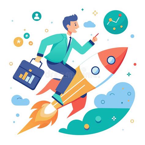 Startup Banner With Man Fly On Rocket Concept Of Launch And Management New Business Project
