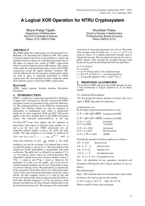 Pdf A Logical Xor Operation For Ntru Cryptosystem