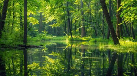 Reflective Forest Landscape With Tranquil Water And Lush Green Trees