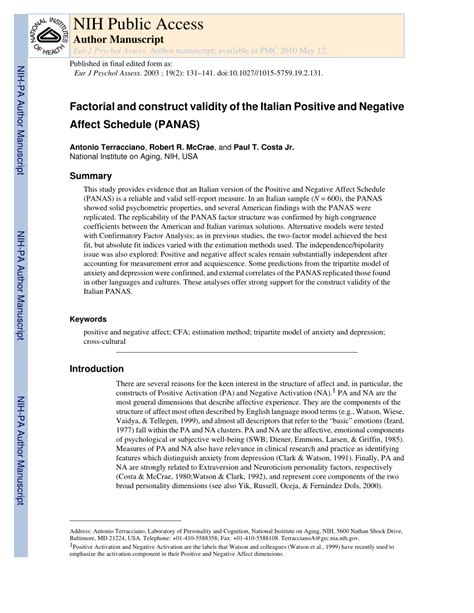 Pdf Factorial And Construct Validity Of The Italian Positive And Negative Affect Schedule Panas