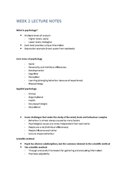 Week 2 Lecture Notes Week 2 Lecture Notes What Is Psychology Multiple Levels Of Analysis